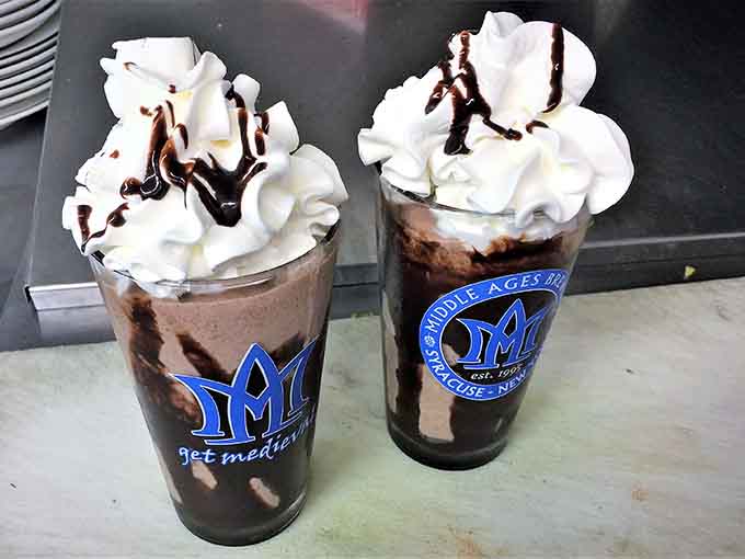 Chocolate milkshakes crowned with whipped cream towers prove The Gem Diner doesn't believe in restraint.