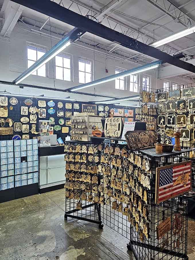Decorative plaques cover every surface like a museum of Americana, celebrating heritage with handcrafted wooden artistry.