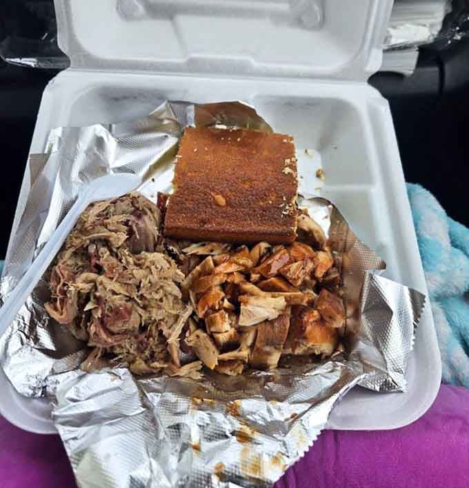 Pulled pork and chopped chicken alongside brisket in a to-go container that's basically a portable trophy case of flavor.