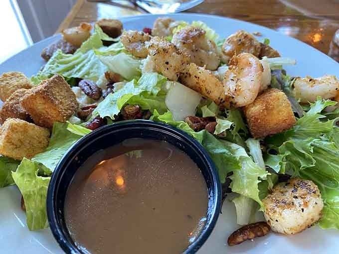 Shrimp salad topped with golden fried goodness because sometimes salads need a little crispy intervention to shine.