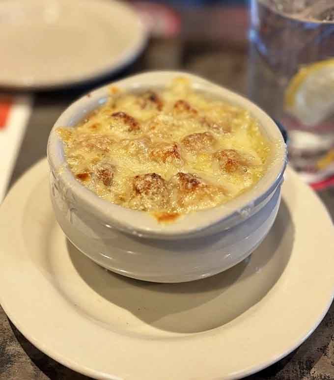 French onion soup with a cheese blanket so thick it could keep you warm through a Missouri winter.