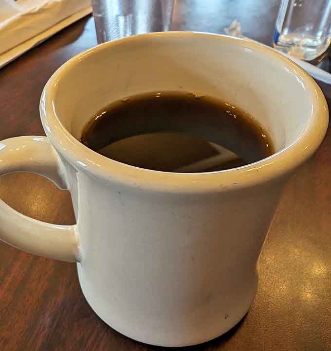 That first cup of coffee in a classic diner mug, the liquid courage you need to face the day.