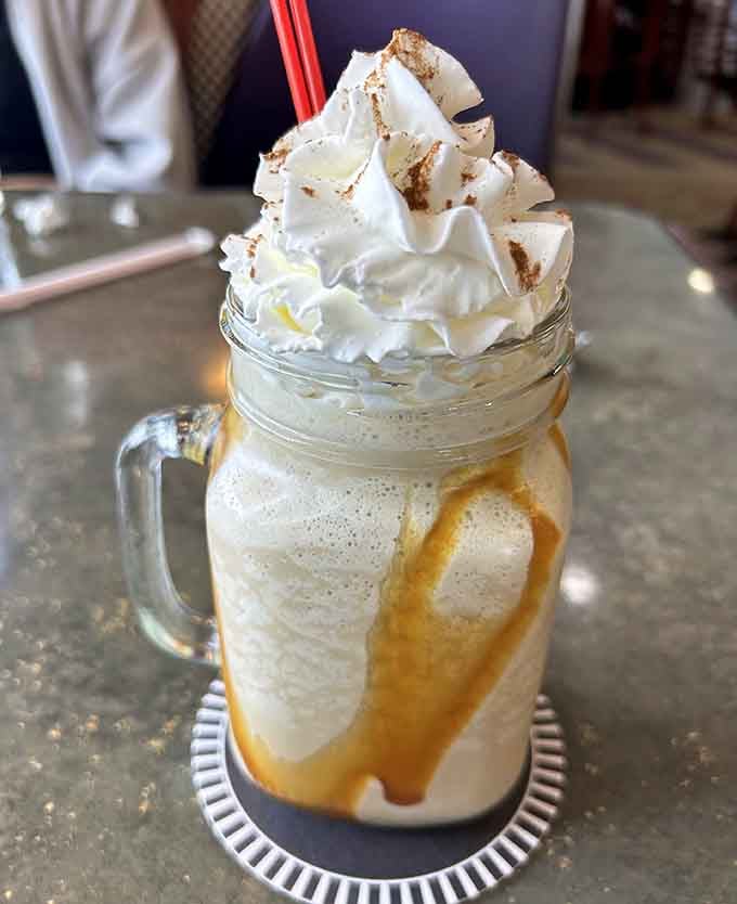 This caramel frapp&eacute; topped with whipped cream is basically dessert disguised as a beverage, and nobody's complaining.