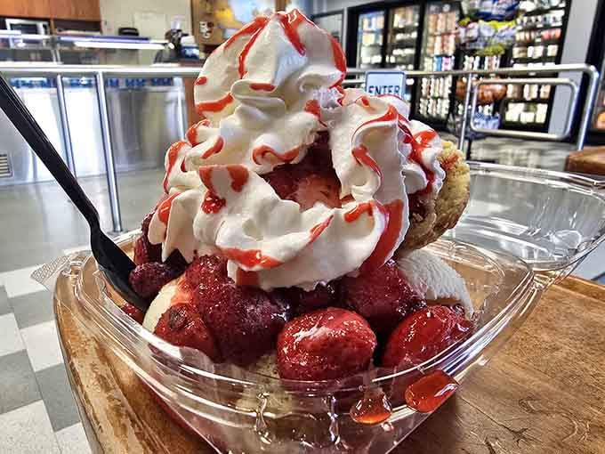 Fresh strawberries and whipped cream crown this sundae like it's royalty, which honestly, it basically is here.