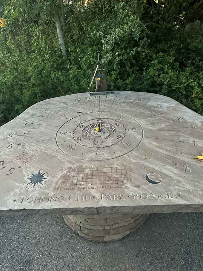 An elegant sundial marks time the old-fashioned way, reminding visitors to slow down and savor each precious moment.