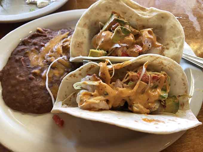 Shrimp tacos with all the fixings remind you that Texas has a coastline, even this far inland.