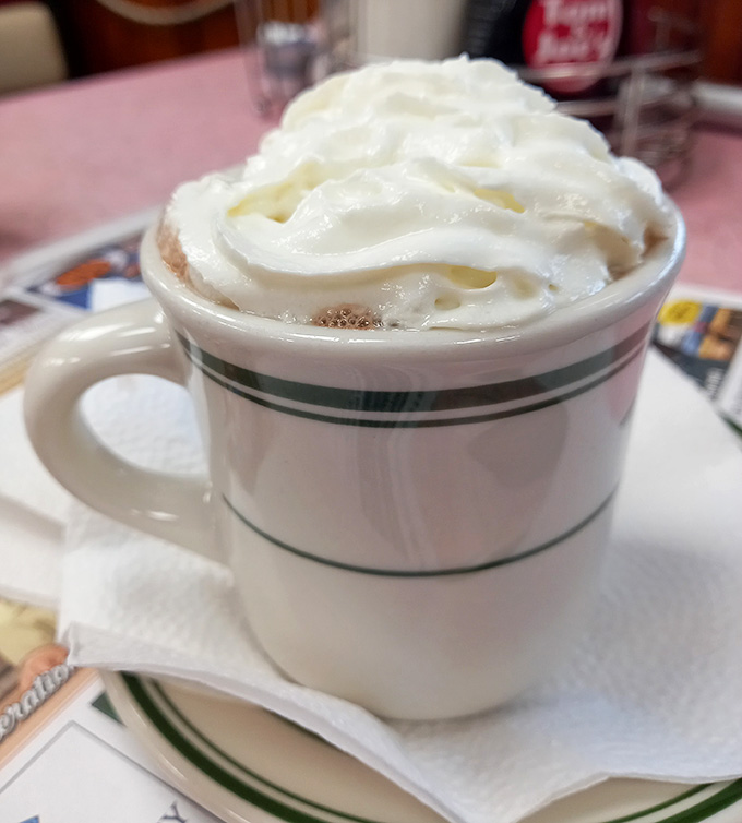 Hot chocolate topped with whipped cream mountains, because sometimes you need dessert disguised as a beverage.