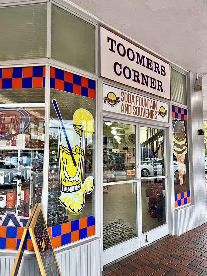 The entrance to Toomer's Corner promises soda fountain magic and souvenirs galore inside.