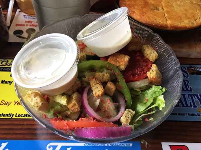 Fresh vegetables topped with crispy goodness, because even salads deserve a little Southern hospitality and extra crunch.