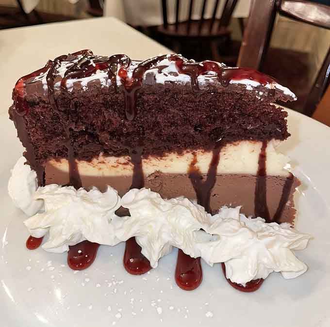 Chocolate cake layered like a delicious skyscraper, drizzled with sauce and topped with whipped cream dreams.