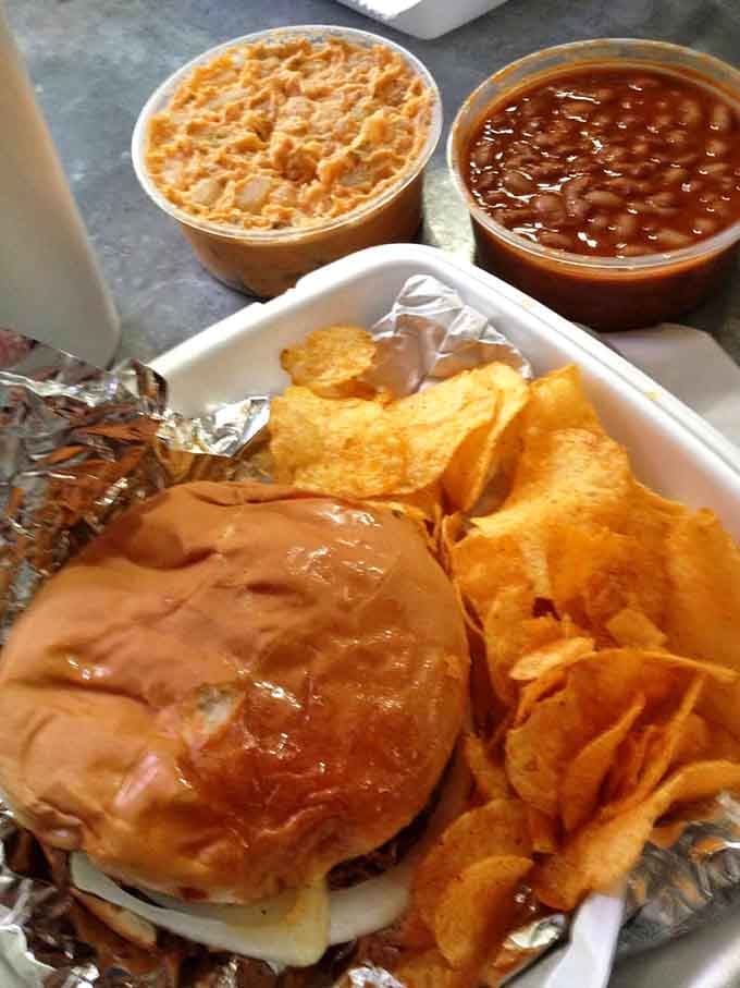 That barbecue sandwich with chips and beans could feed a small army or one very determined person with priorities.