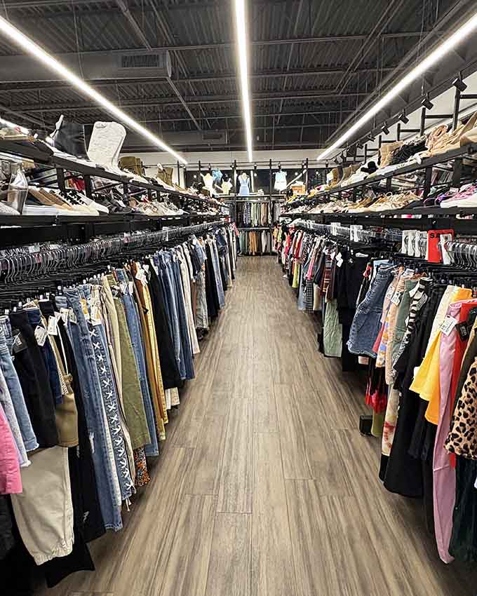 Long aisles of curated fashion stretching ahead like a treasure map where X marks every single spot.