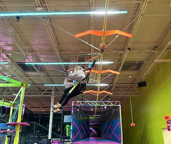 Suspended mid-flight on the zipline, briefly experiencing what it's like to be a very slow superhero.