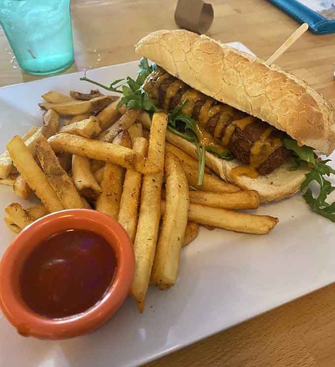 That sandwich is loaded with flavor and comes with enough fries to make you forget every diet you've ever considered starting.