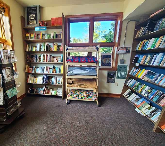 Village Books and Paper Dreams bookstore corner provides comfortable reading spots surrounded by carefully curated fiction collections.