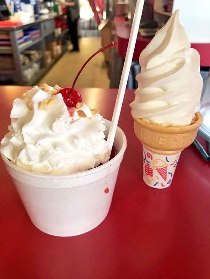 Soft-serve cone and shake side by side, ready to finish what the burger started: complete contentment.
