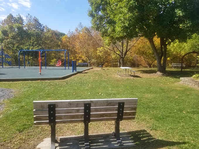 A simple park bench and playground equipment: sometimes the best attractions are the ones without admission fees.