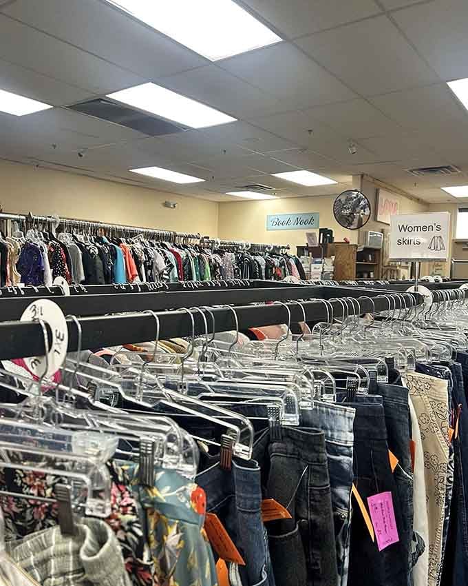 Organized racks of women's clothing where finding your size doesn't require a treasure map and three hours.