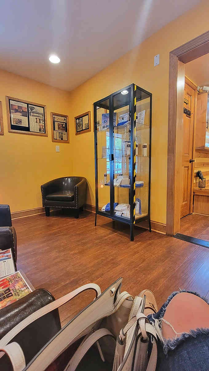 The cozy lounge area with its leather chairs offers a comfortable spot to ease into your wellness journey.