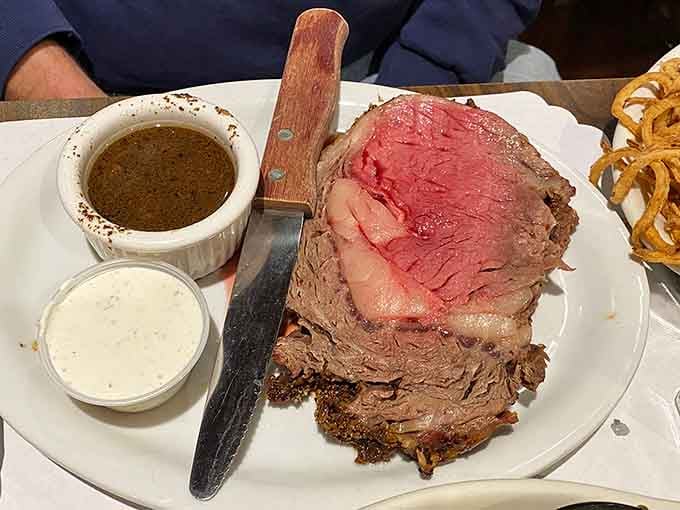 Prime rib carved to perfection with au jus and horseradish, because the main course deserves respect before dessert steals the show.