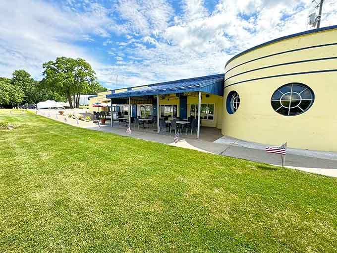 The Twisted Anchor's retro architecture sits riverside, offering views and vibes that modern buildings can't quite replicate.