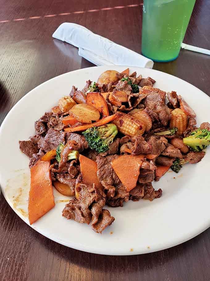 Tender beef with crisp vegetables shows the Mongolian grill station isn't just for show around here.