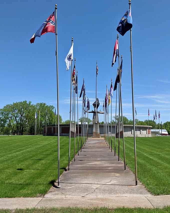 State flags create a colorful corridor that transforms a simple walk into a ceremonial approach to greatness.