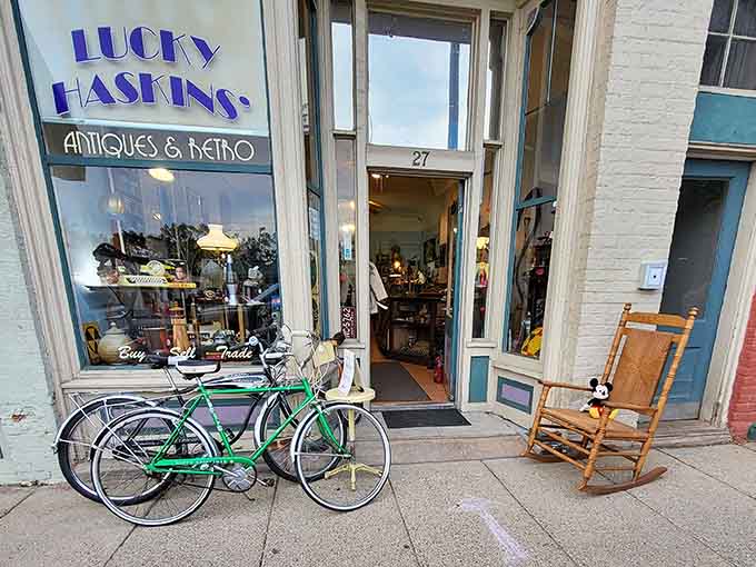 Lucky Haskins displays vintage finds outside like a museum that actually wants you to touch everything inside.