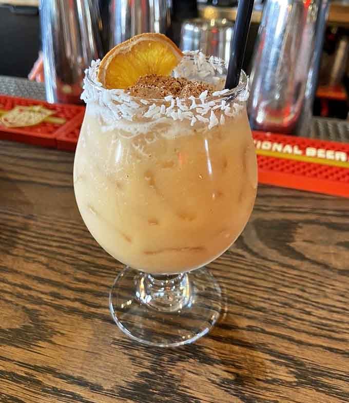 This tropical-looking concoction proves that even barbecue joints know how to mix a seriously festive beverage.