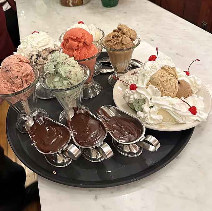 This ice cream sundae spread looks like a dessert committee meeting where everyone brought their best ideas to share.