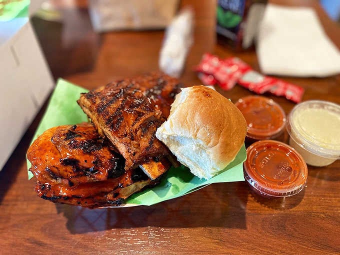 BBQ chicken and ribs together on one plate: the kind of decision-making we can all support.