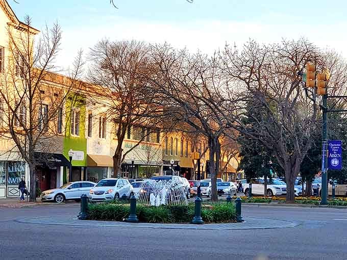 Aiken's fountain centerpiece and bare winter trees create an elegant scene that changes beautifully with every passing season.