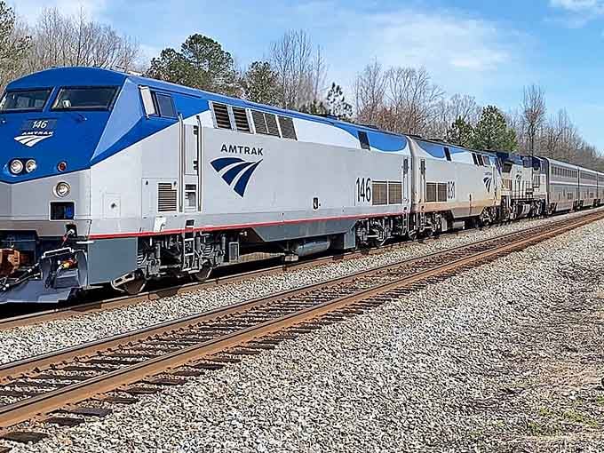 Modern Amtrak locomotives stand ready on the tracks, proving passenger rail travel is alive and well in Missouri.