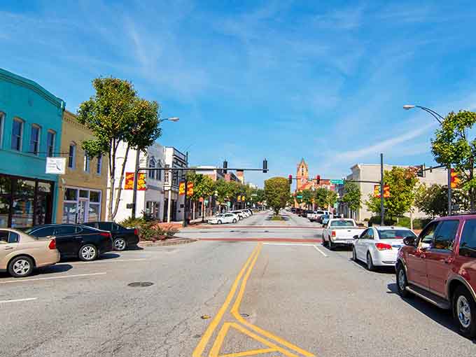 Wide streets and blue skies frame a downtown that looks like it stepped out of a Norman Rockwell painting.