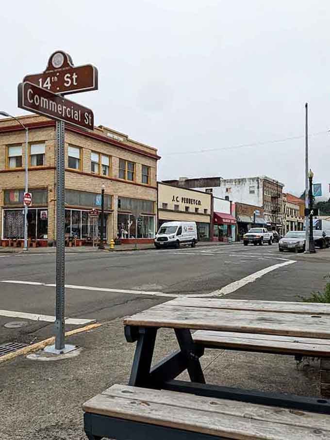 Downtown corners where street signs mark the crossing of history and today, both getting along just fine.