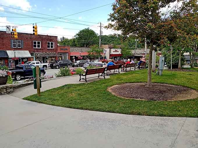 Park benches face the main street, inviting neighbors to sit, chat, and watch the world go by at a refreshingly unhurried pace.