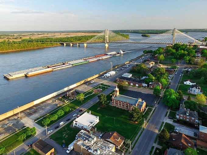 The cable-stayed bridge stretches gracefully across the Mississippi, connecting communities with engineering elegance that actually looks good.