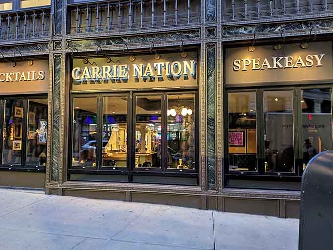 Ornate metalwork frames the speakeasy entrance, transporting you straight back to the glamorous Prohibition era instantly.