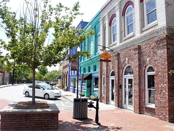 Tree-lined sidewalks create the perfect setting for an afternoon of window shopping.
