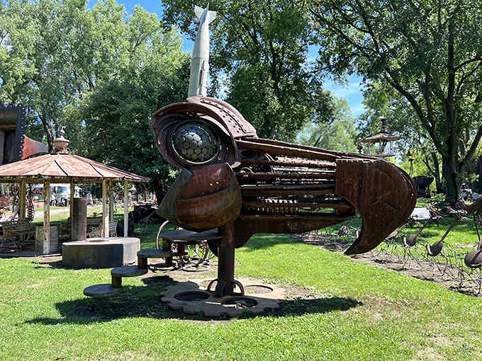 This massive metal bird looks ready to launch into orbit, built from salvaged parts and one artist's wild dreams.