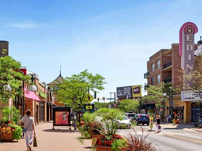 Summer blooms and vintage theater marquees create a streetscape that feels like stepping into a cheerful postcard.