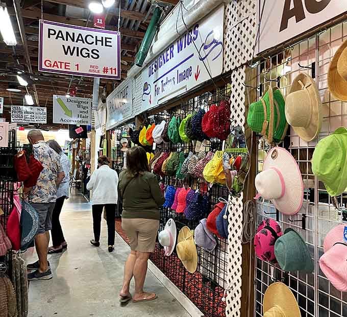 Colorful hats create a carnival atmosphere where reinventing yourself is just one impulse purchase away from reality.