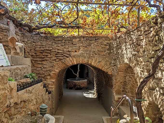 Arched passageways lead underground where grapevines grow beneath the earth in hand-carved rooms.