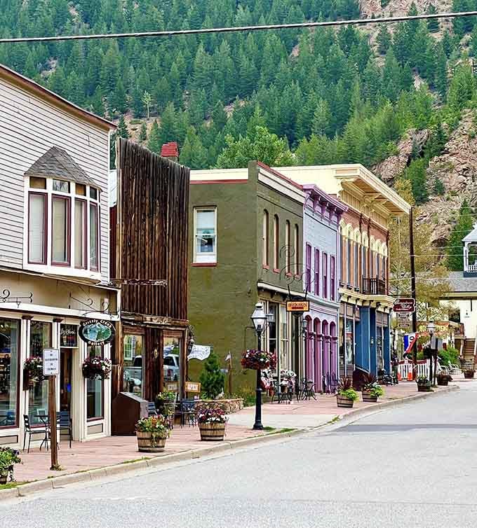 Painted storefronts in purple, yellow, and green create a rainbow of possibilities along streets where history walks beside you.