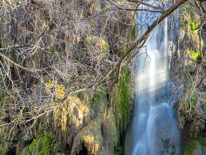 Moss-covered travertine creates a living waterfall where green vegetation thrives in the constant mist and spray.