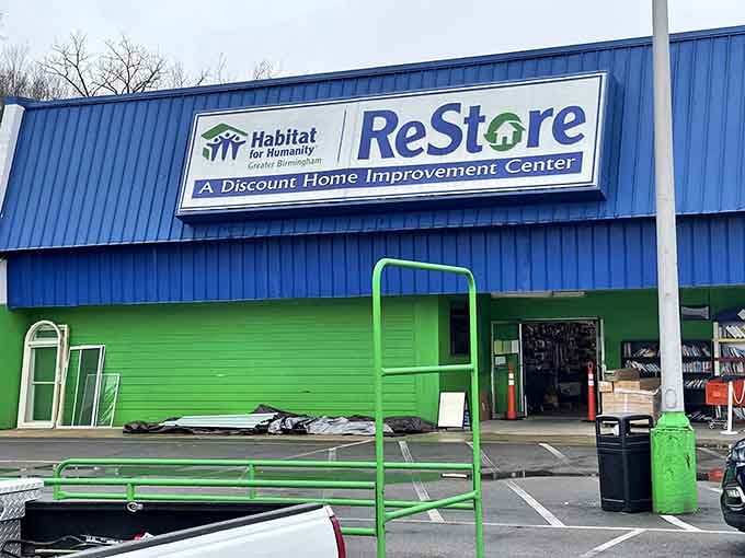 Bright green and blue stripes make this ReStore pop like a present wrapped for home improvement enthusiasts everywhere.