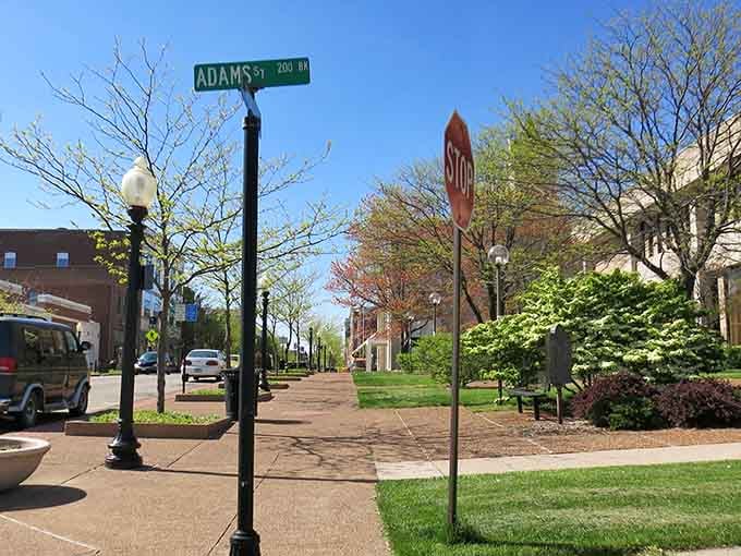 Springtime greenery softens the sidewalks where Adams Street meets community gathering spots and neighborly conversation flows freely.