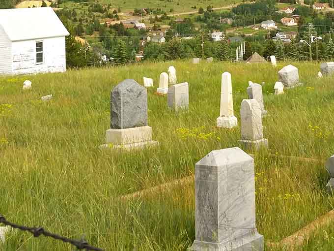 Wildflowers and tall grass reclaim the hillside where weathered headstones mark the final resting place of pioneers.