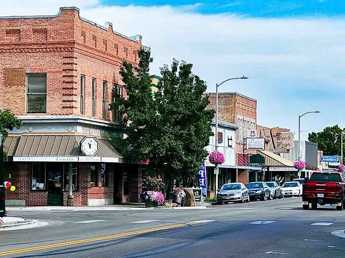 Brick buildings and leafy trees create that small-town Main Street America feeling where coffee still costs less than your car payment.