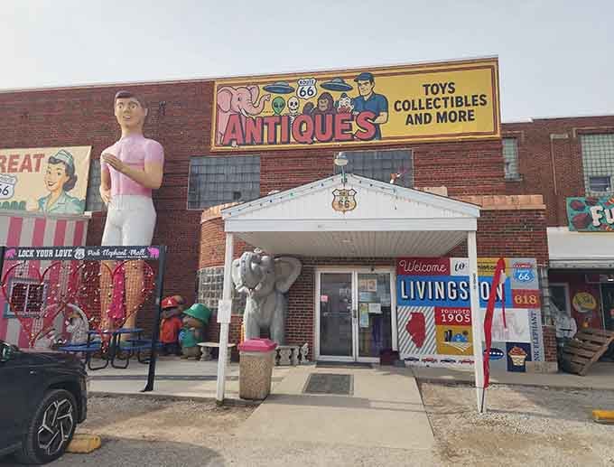 That giant pink waitress statue towers over the storefront like a friendly guardian welcoming treasure hunters to nostalgia central.